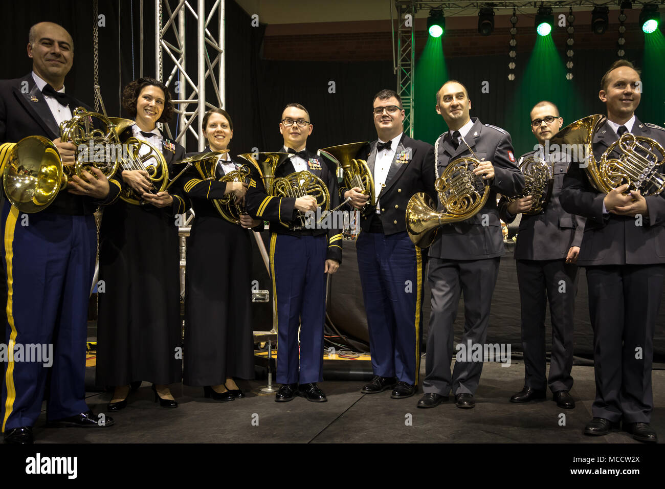 Members of the horn sections of the United States Army Band and Chorus ...