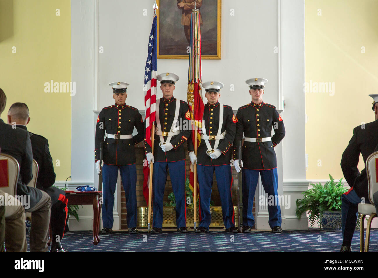 U.S. Marines with 2nd Marine Division (2d MARDIV) Color Guard stand at ...