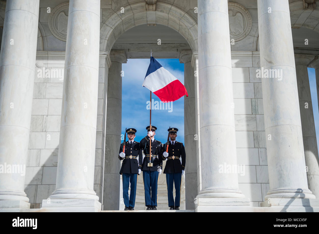 The U.S. Army Color Guard carries the French flag during an Armed ...