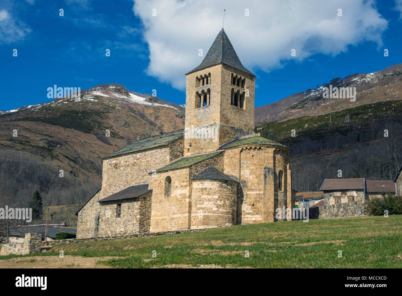 Romanesque church in the mountains at Axiat, Ariege, French Pyrenees ...