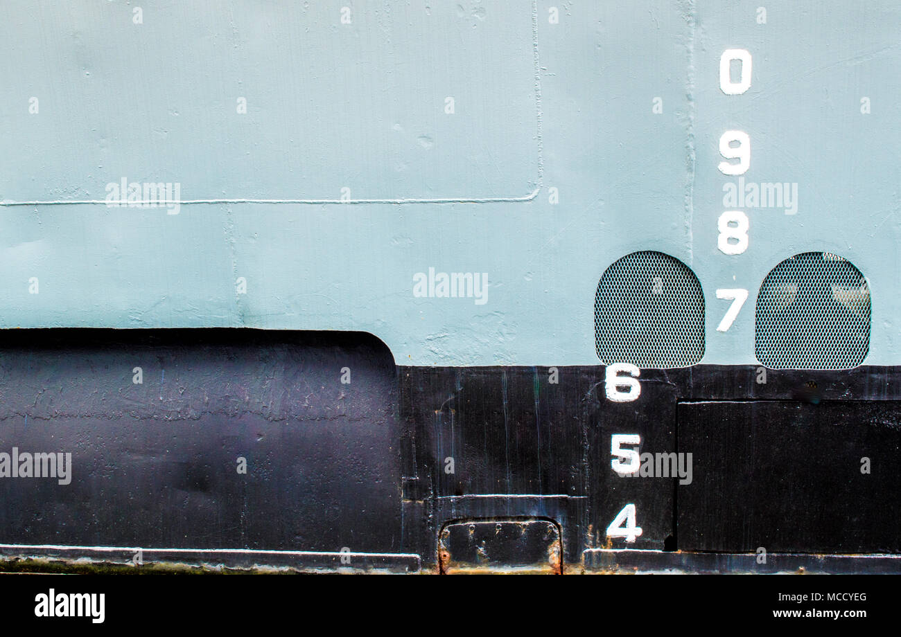 close up of the side hull of the USS Torsk submarine in Baltimore's ...