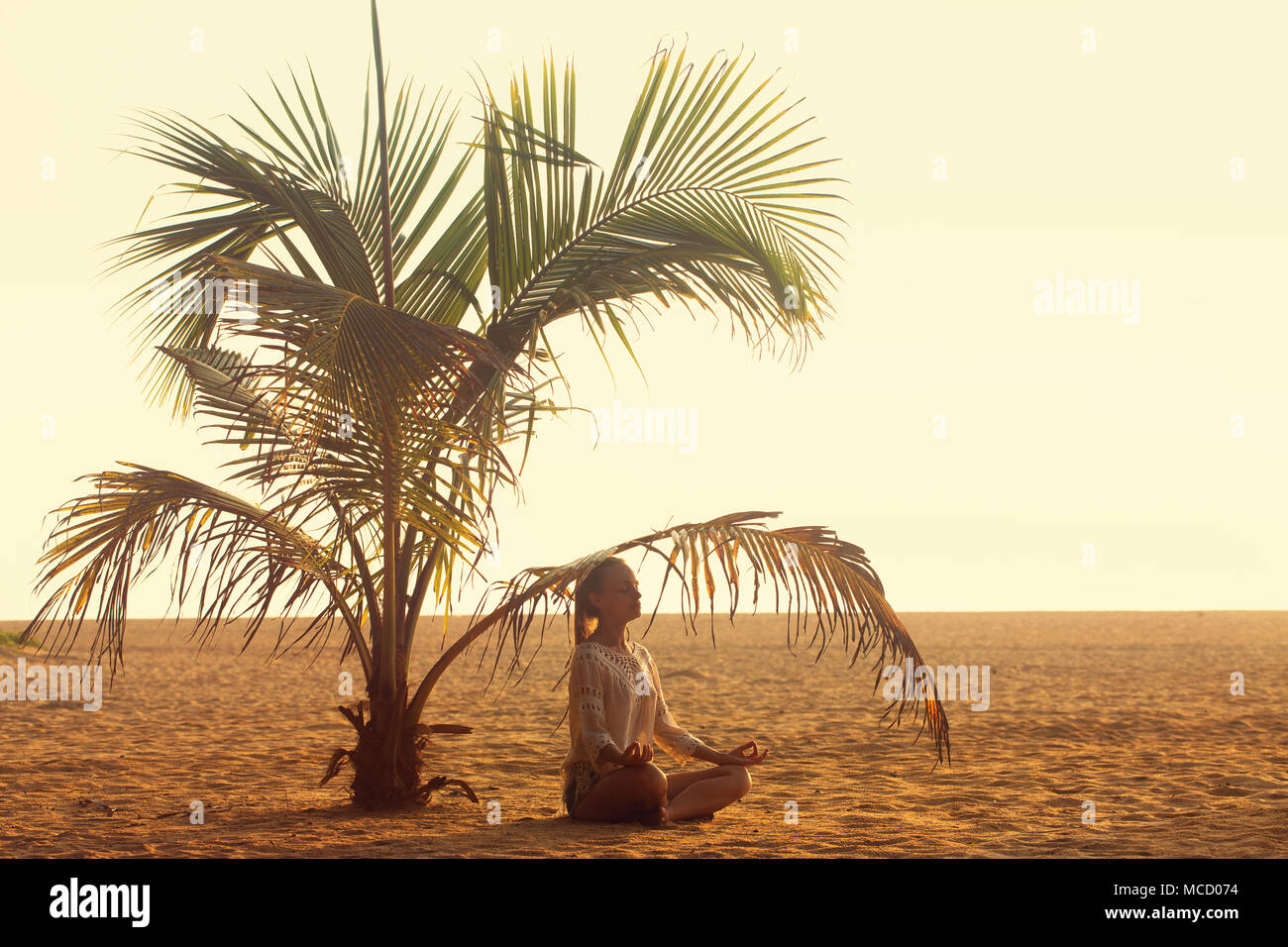 Woman meditating under tree hi-res stock photography and images - Alamy