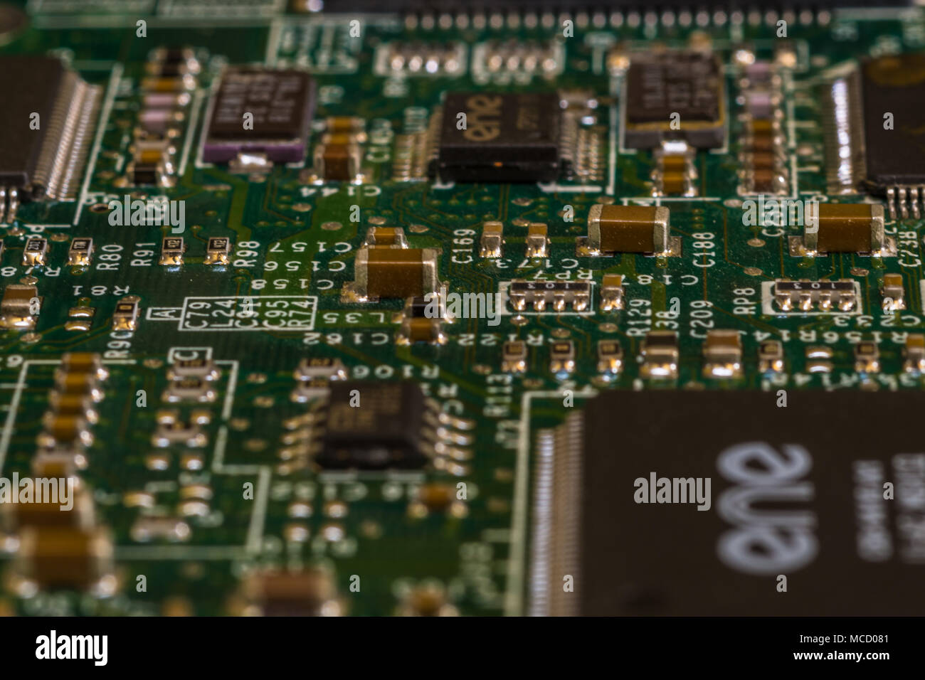 Close up view of computer motherboard showing details of different ...