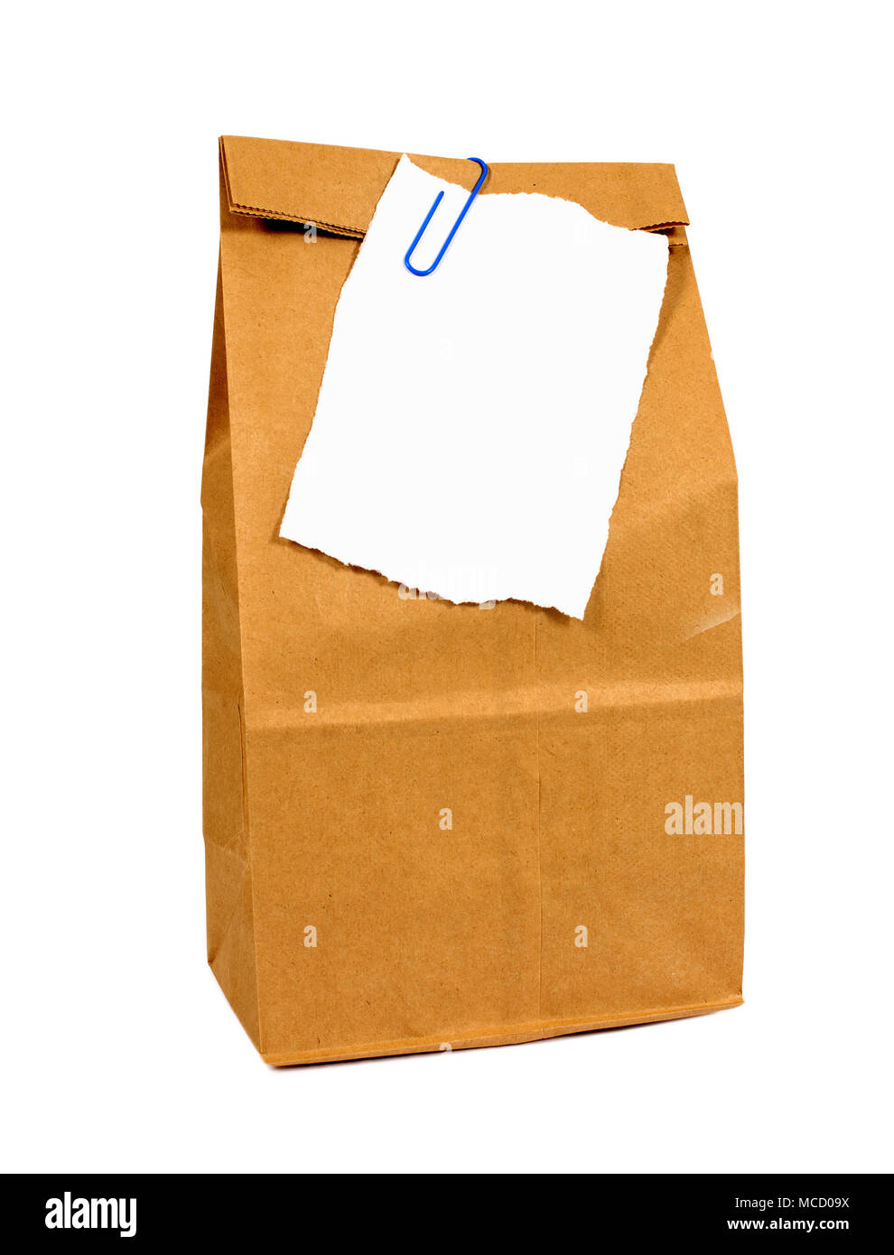 Brown paper lunch or groceries bag with torn note paper isolated on ...