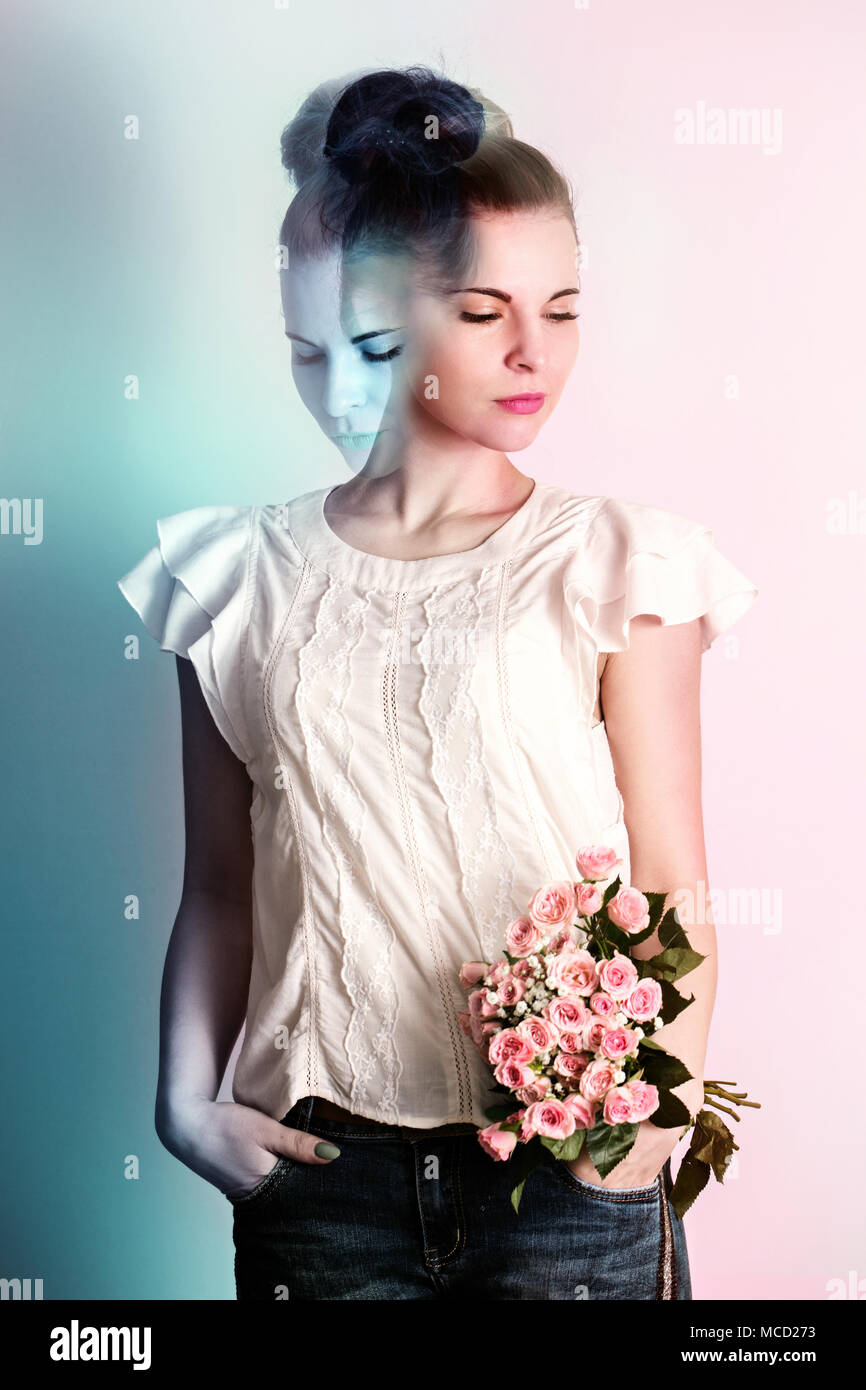 Surrealistic collage, the concept of duality. Woman with a bouquet of ...