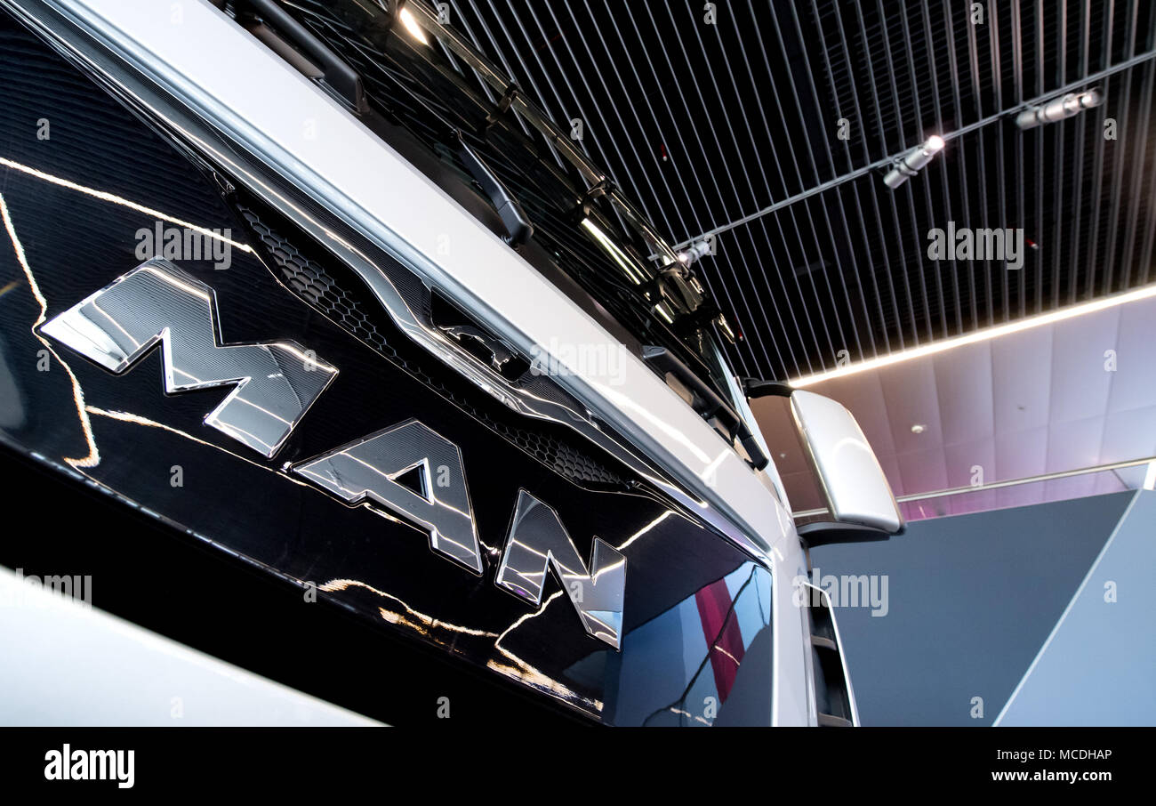 16 April 2018, Germany, Munich: The MAN company logo on a truck at the ...