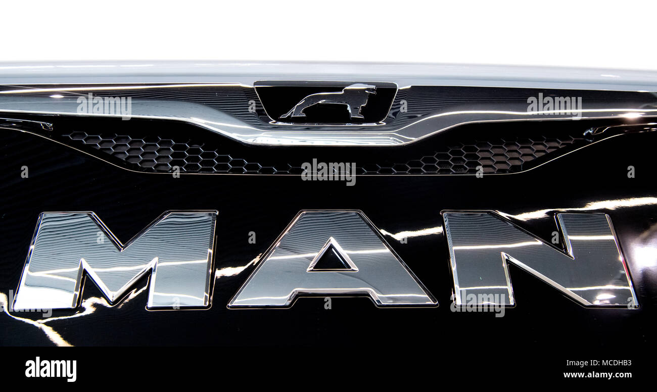 16 April 2018, Germany, Munich: The MAN company logo on a truck at the ...