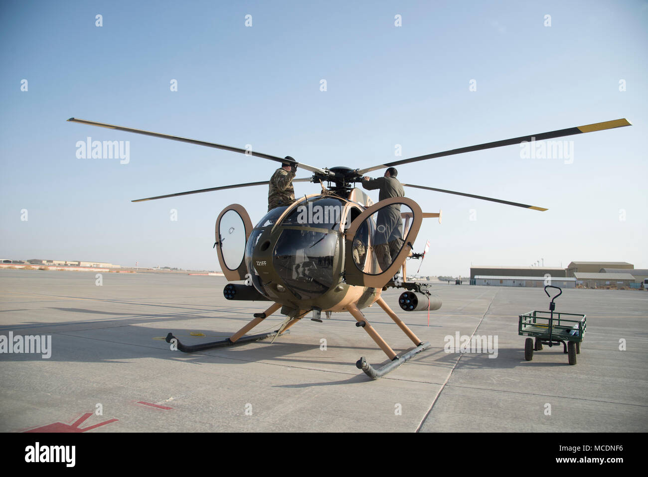 An Afghan Air Force MD-530 pilot and advisor perform a preflight ...
