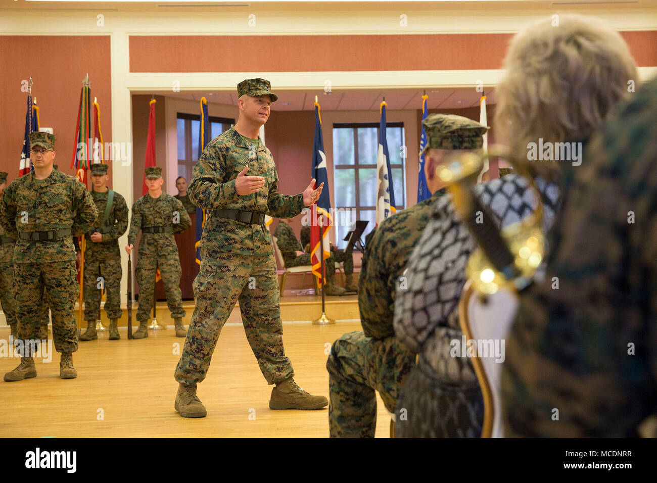 U.S. Marine Corps Sgt. Maj. Douglas Cutsail gives his remarks during a ...