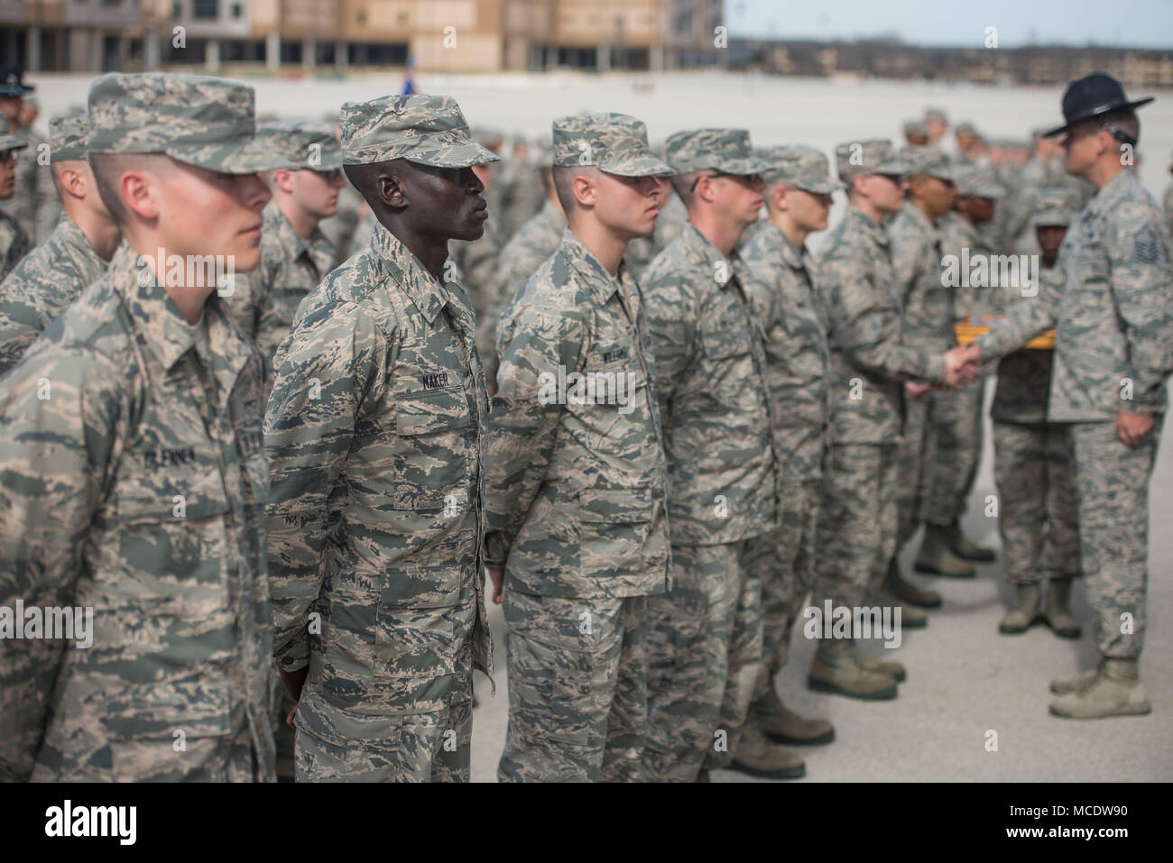 Guor Maker, a trainee at Air Force Basic Military Training, stands in ...