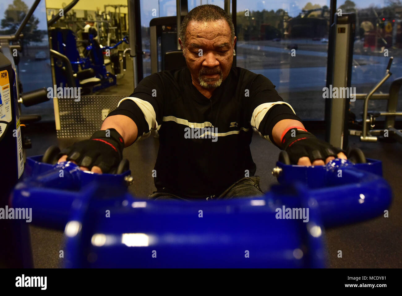 Ret. Master Sgt. Robert Radford performs the mid row Feb. 16, 2018, at ...