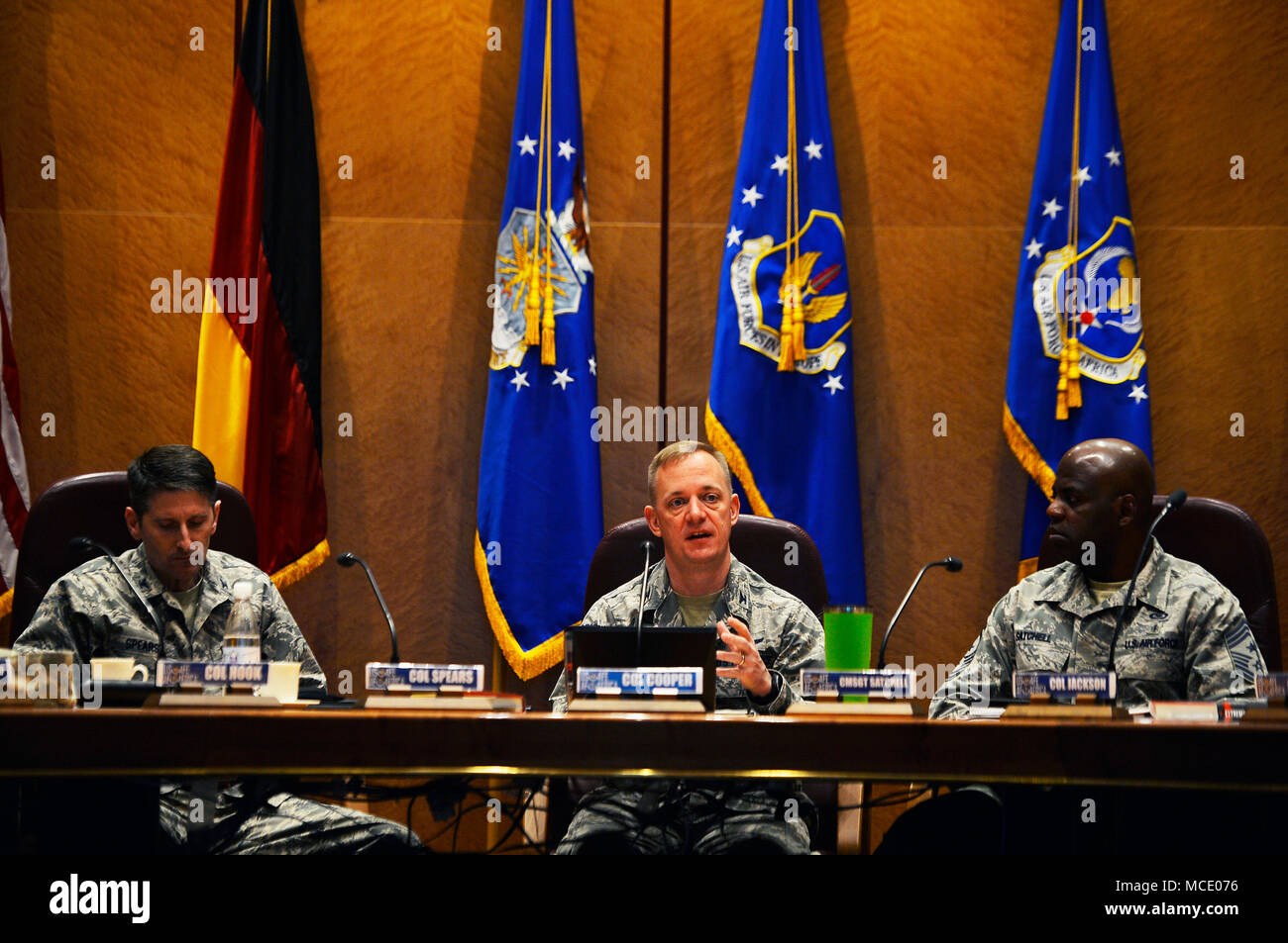 U.S. Air Force Col. Thomas Cooper, 521st Air Mobility Operations Wing commander, addresses 521st ...