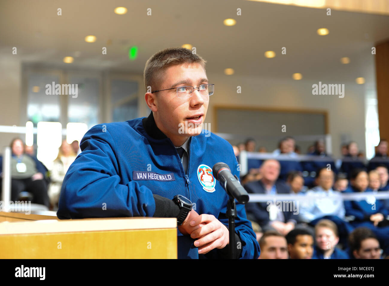 Cadet 3rd Class Karl-Erik Van Hegewald, Cadet Squadron 29, asks a ...