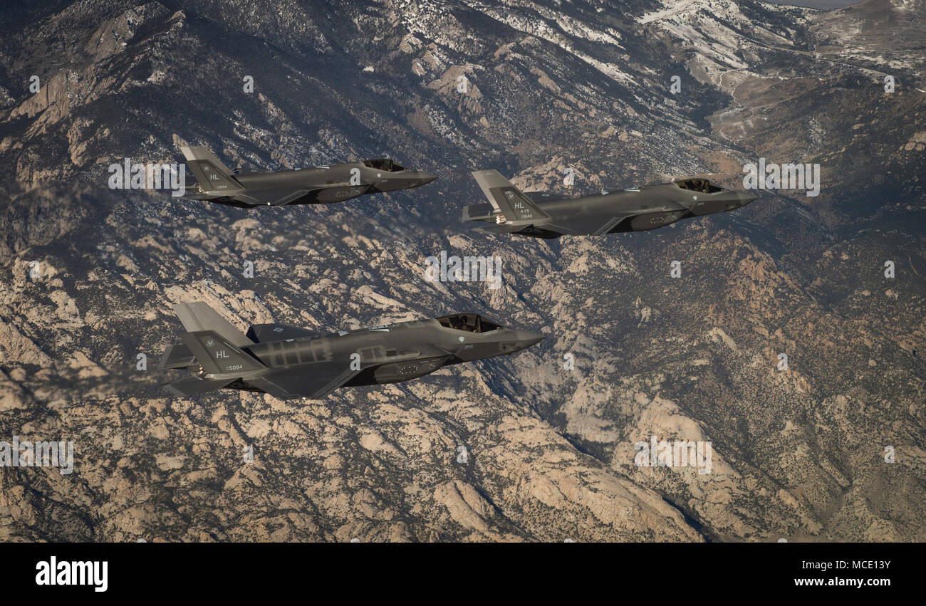 Three U.S. Air Force F-35A Lightning IIs, assigned to the 4th Fighter ...