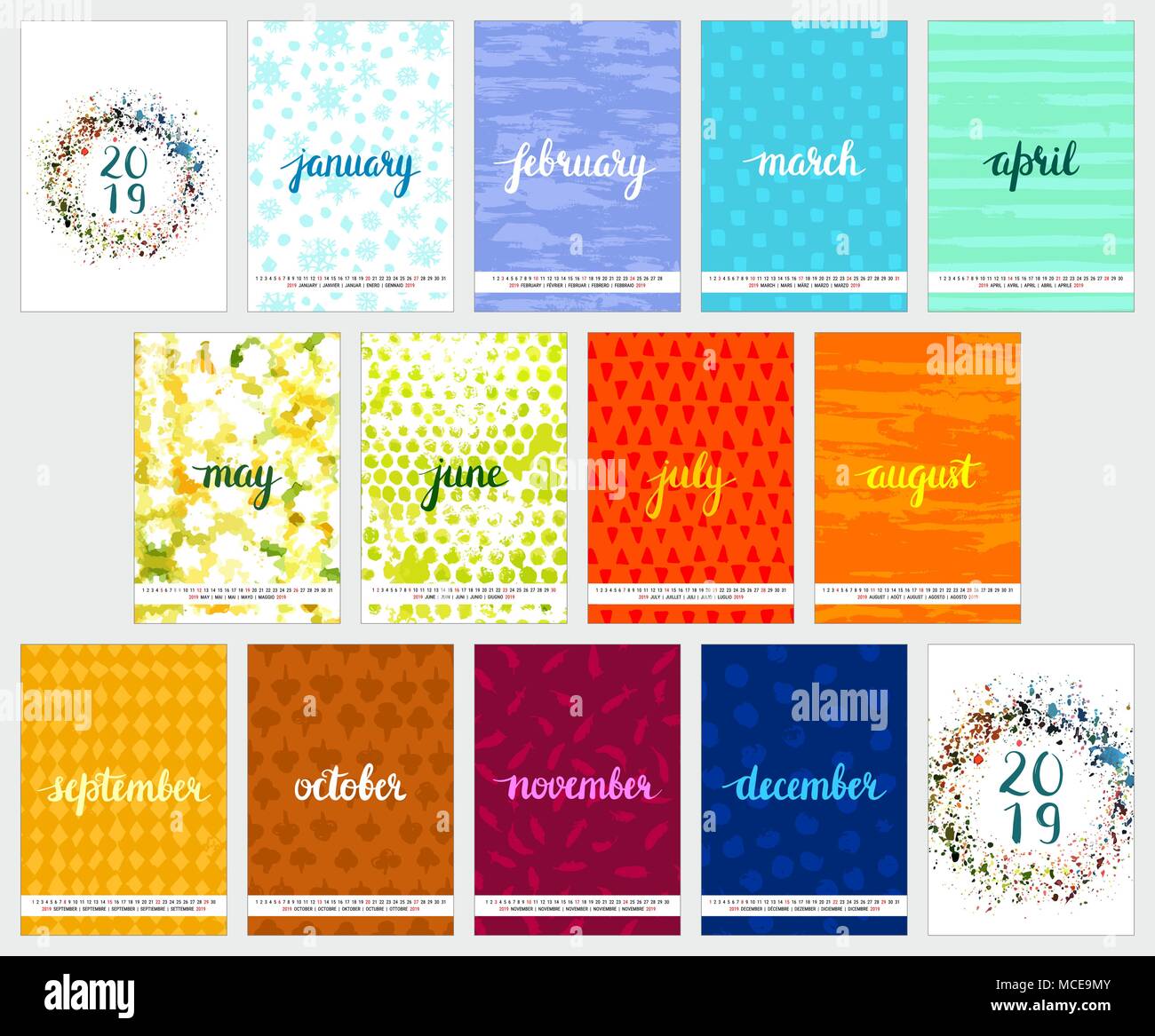 Vector 2019 calendar with watercolor textures and lettering Stock ...