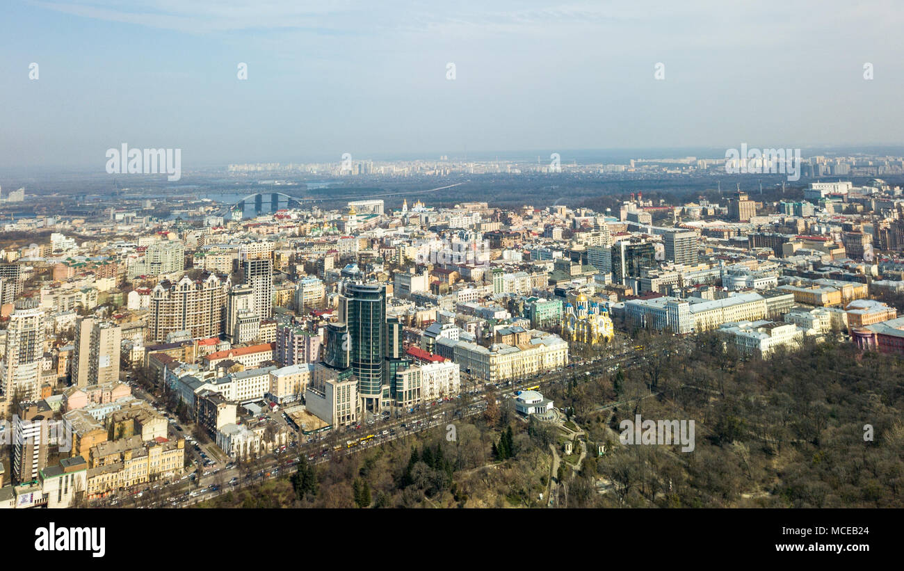 Aerial view city of Kiev on a sunny day. Park Pushkin and the Dnieper ...