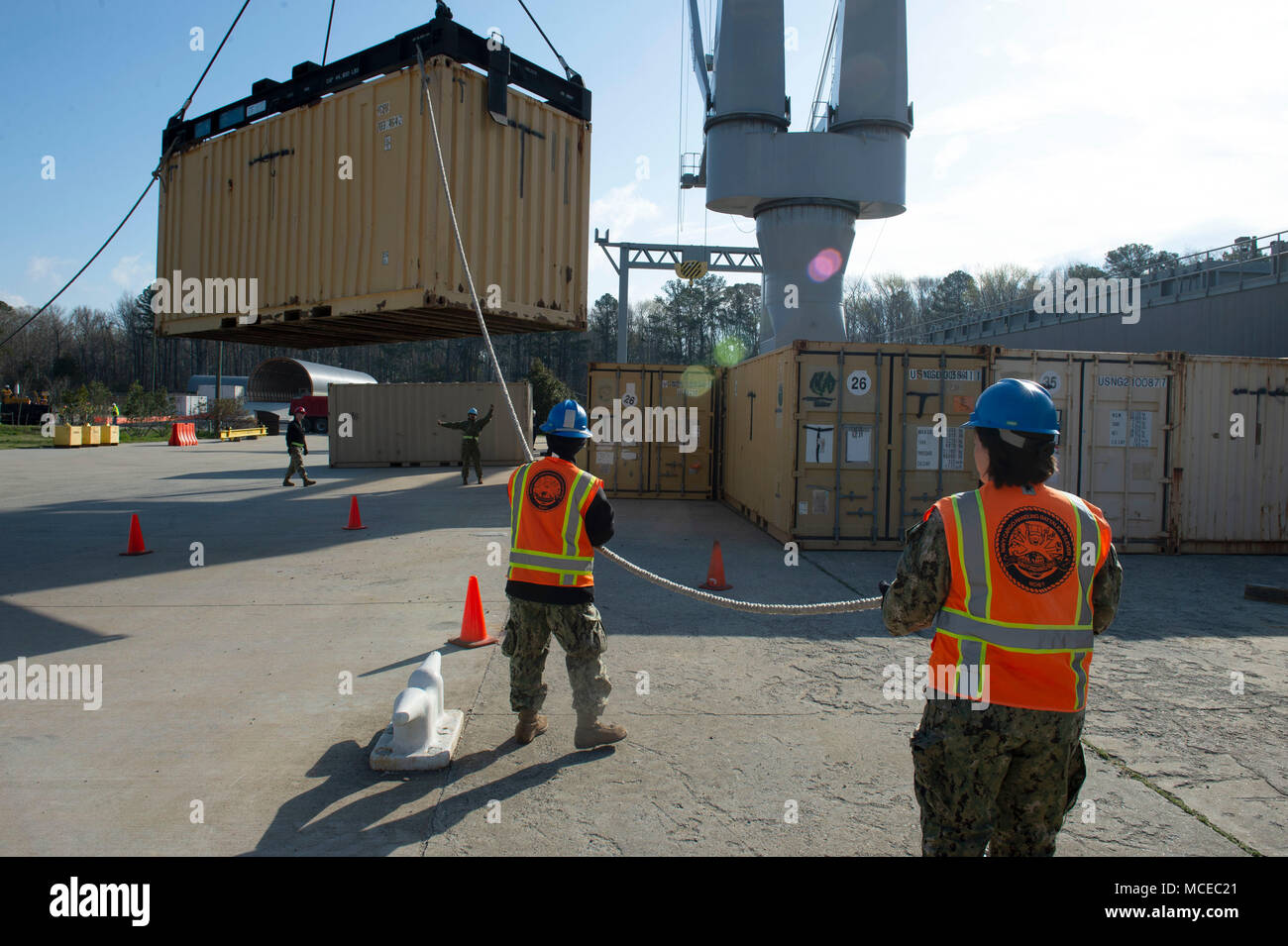 Sailors assigned to Navy Cargo Handling Battalion (NCHB) 11, conduct ...