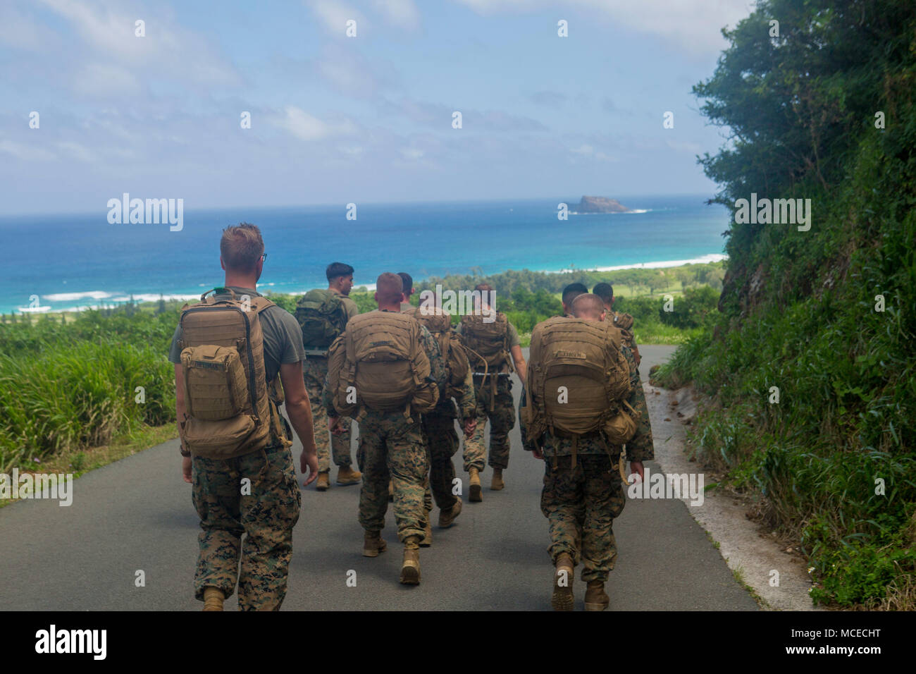 U.S. Marines participating in the scout sniper course hike down Kansas ...