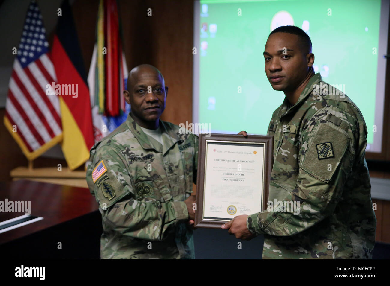 U.S. Army Command Sgt. Maj. Gregory Rowland, 2nd Theater Signal Brigade senior enlisted leader ...