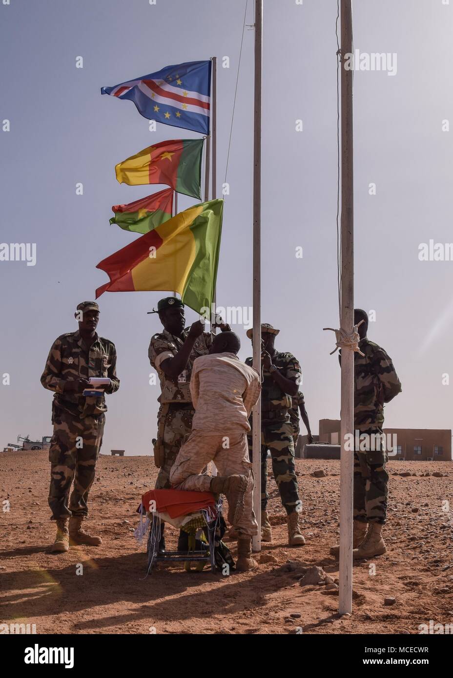 Soldiers assigned to the Forces Armees Nigeriennes raise flags in ...