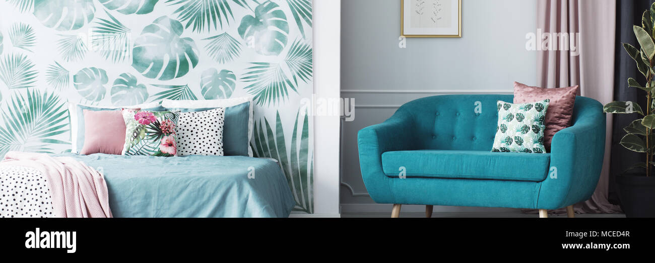 Header of an open space living room and bedroom interior with floral ...