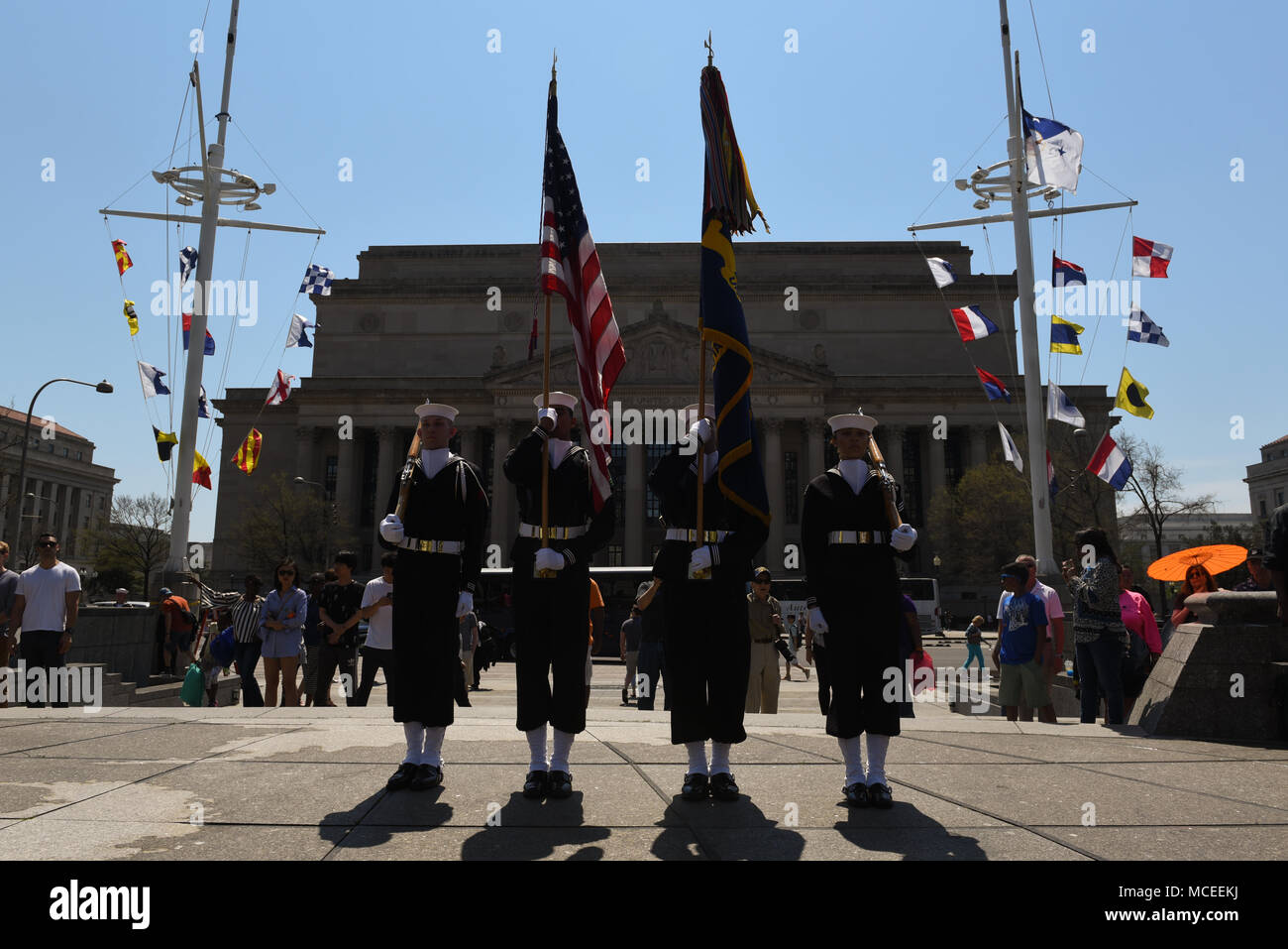 180414-N-HG258-1041 WASHINGTON (April 14, 2018) Members of the U.S. Navy Ceremonial Color Guard ...
