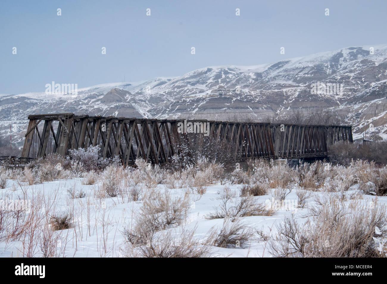 The wooden CPR Howe Truss bridge over the Red Deer River at East Coulee ...