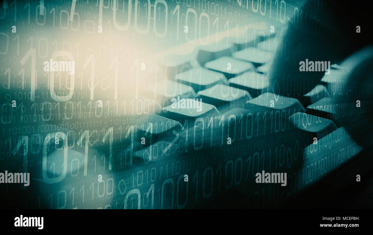 Hacker typing on keyboard, abstract numbers computer code Stock Photo ...