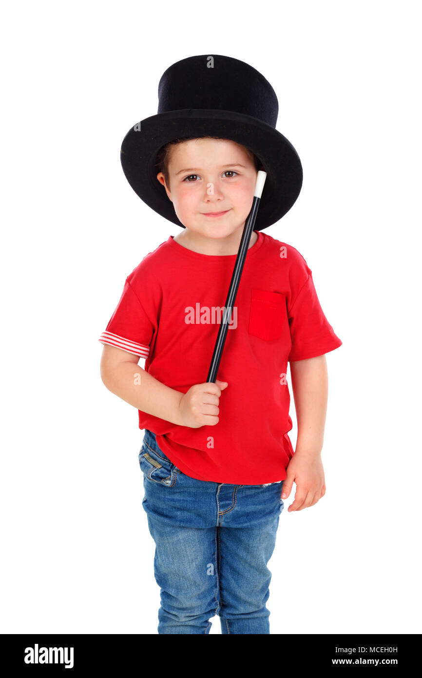 Funny small magician with a top hat and a magic wand isolated on a ...
