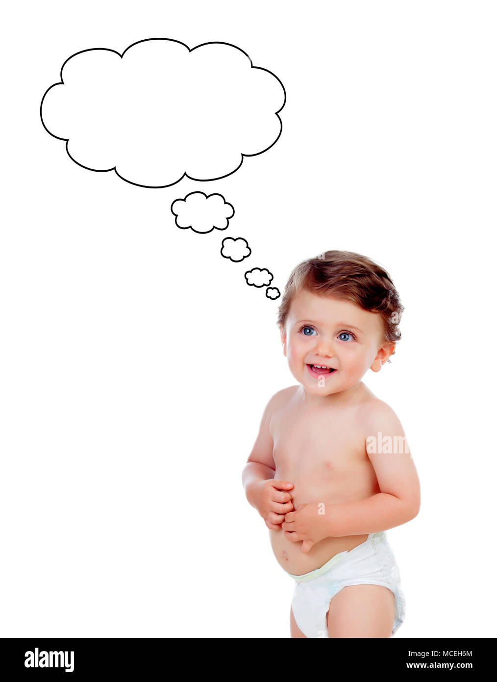 Adorable baby with blue eyes looking up isolated on a white background ...