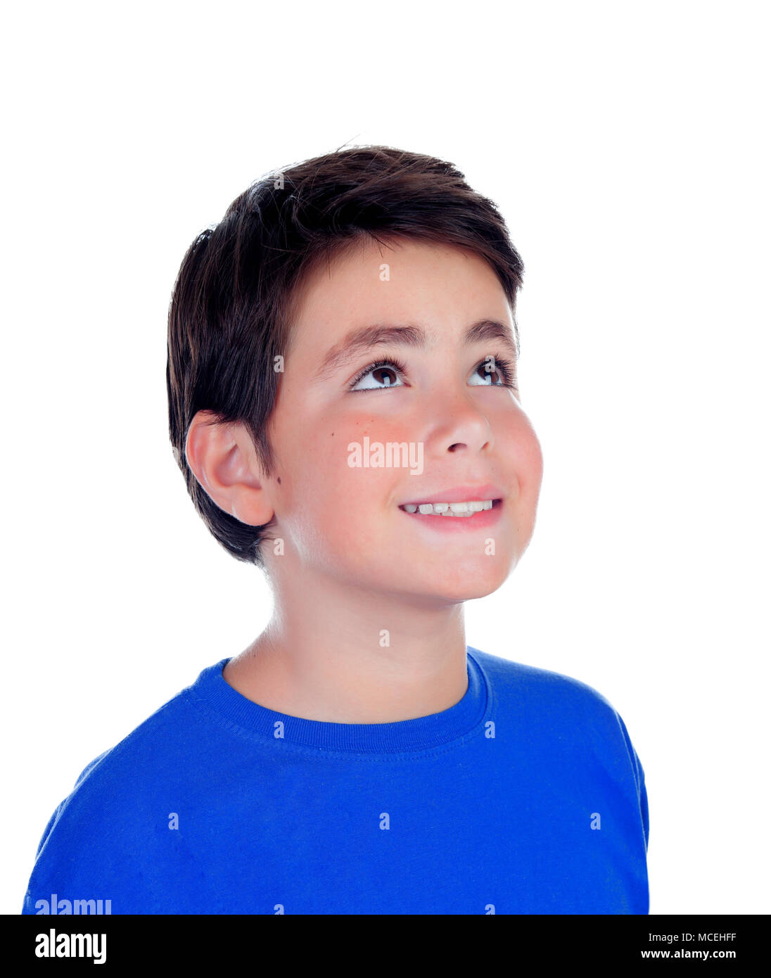 Pensive child looking up isolated on a white background Stock Photo - Alamy