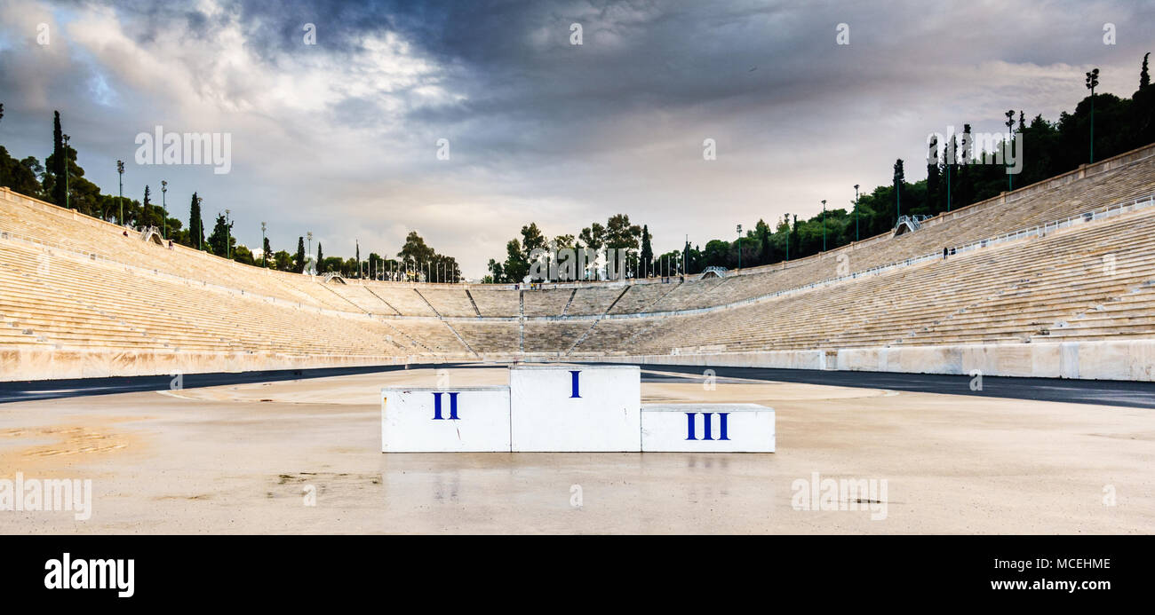 Winners podium at the Panathinaiko Stadium, Athens, Greece Stock Photo ...