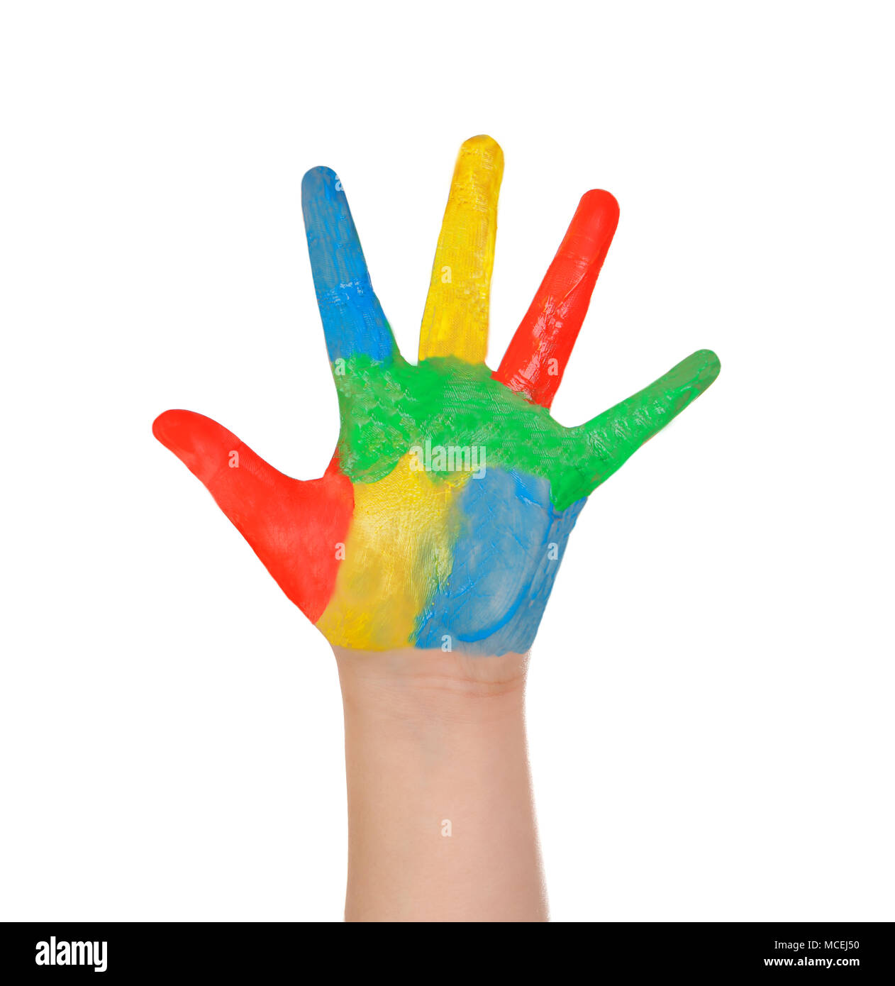 Close up child´s hand with many colors isolated on a white background ...
