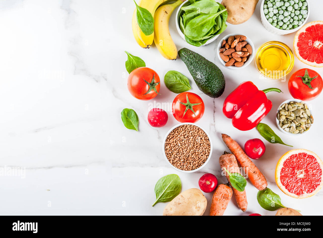 Healthy food background, trendy Alkaline diet products - fruits ...