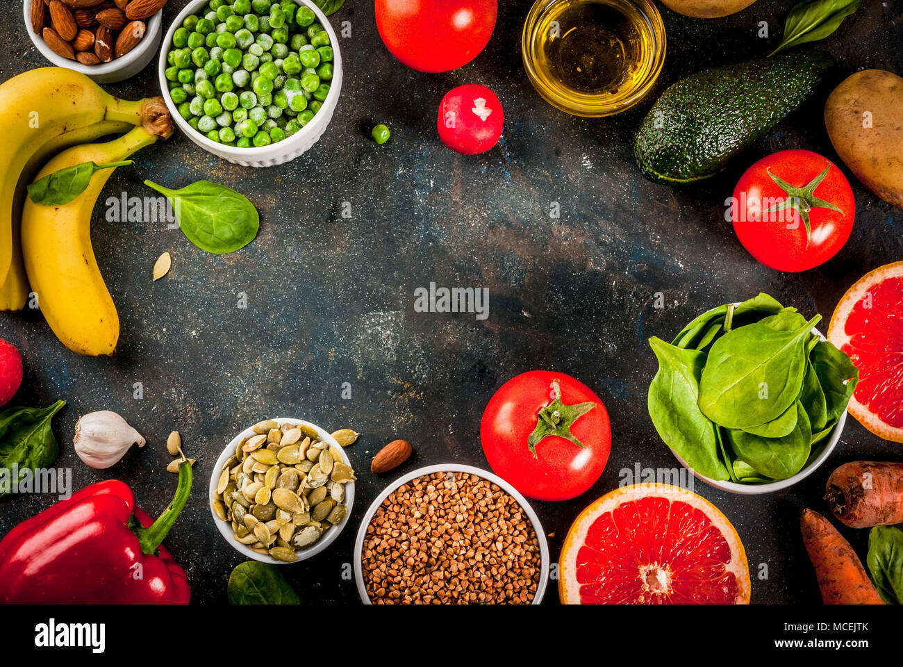 Healthy food background, trendy Alkaline diet products - fruits ...