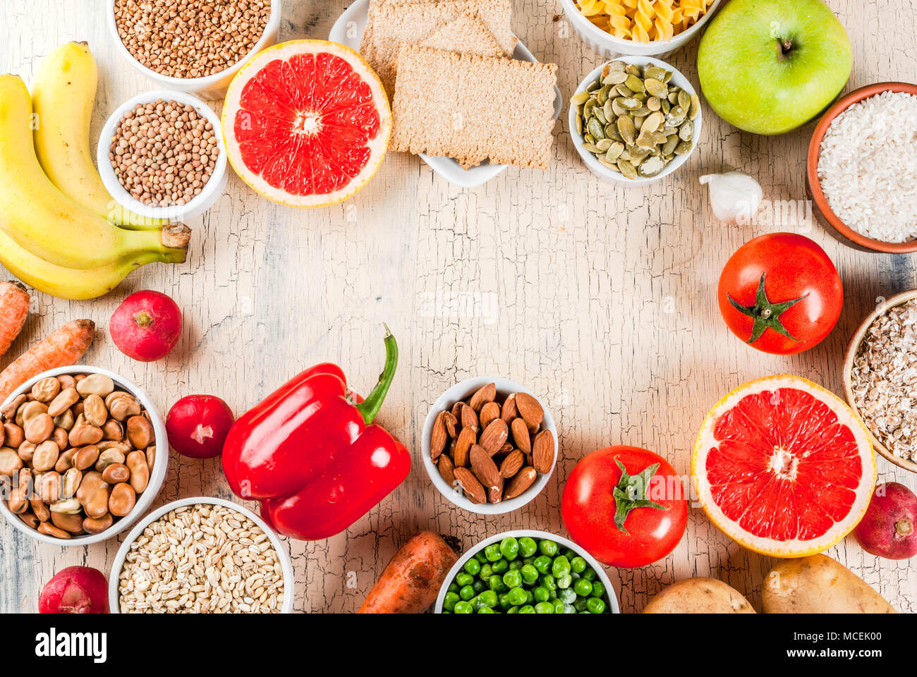 Diet food background concept, healthy carbohydrates (carbs) products ...