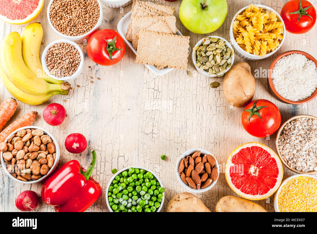 Diet food background concept, healthy carbohydrates (carbs) products ...