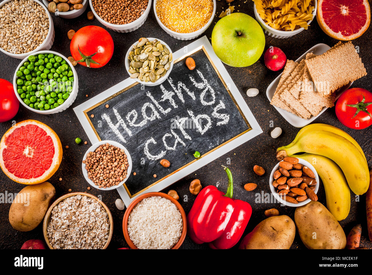 Diet food background concept, healthy carbohydrates (carbs) products ...