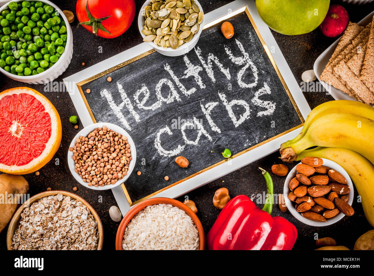 Diet food background concept, healthy carbohydrates (carbs) products ...