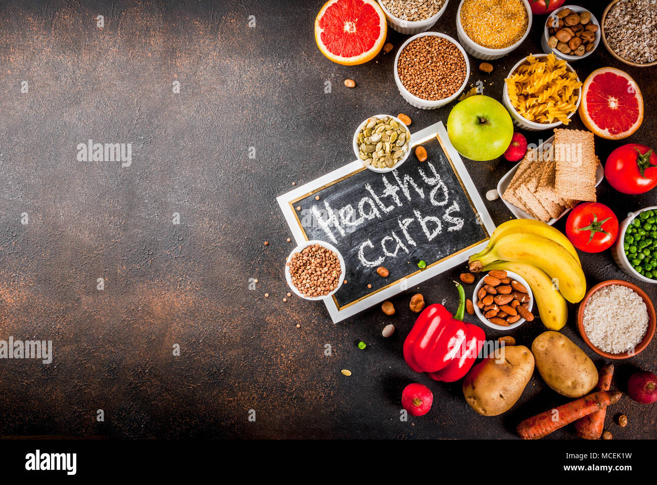 Diet food background concept, healthy carbohydrates (carbs) products ...