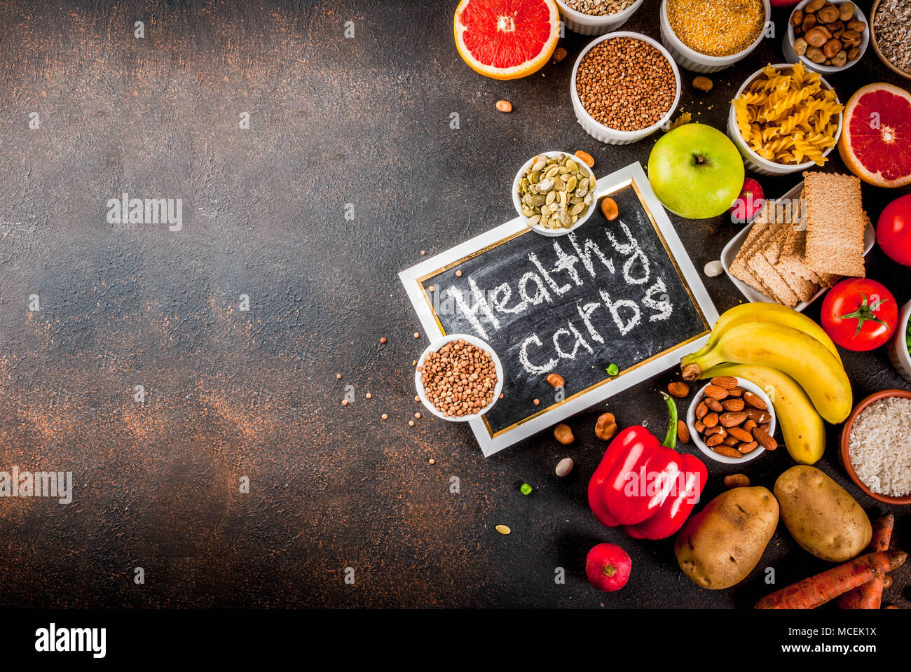 Diet food background concept, healthy carbohydrates (carbs) products ...