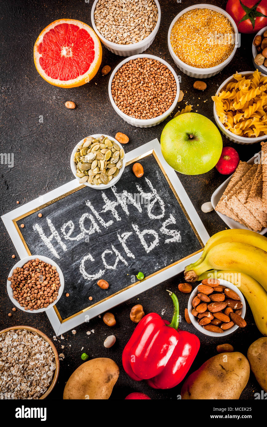 Diet food background concept, healthy carbohydrates (carbs) products ...