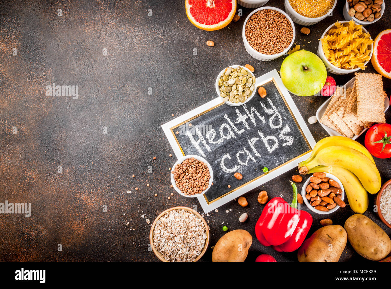 Diet food background concept, healthy carbohydrates (carbs) products ...