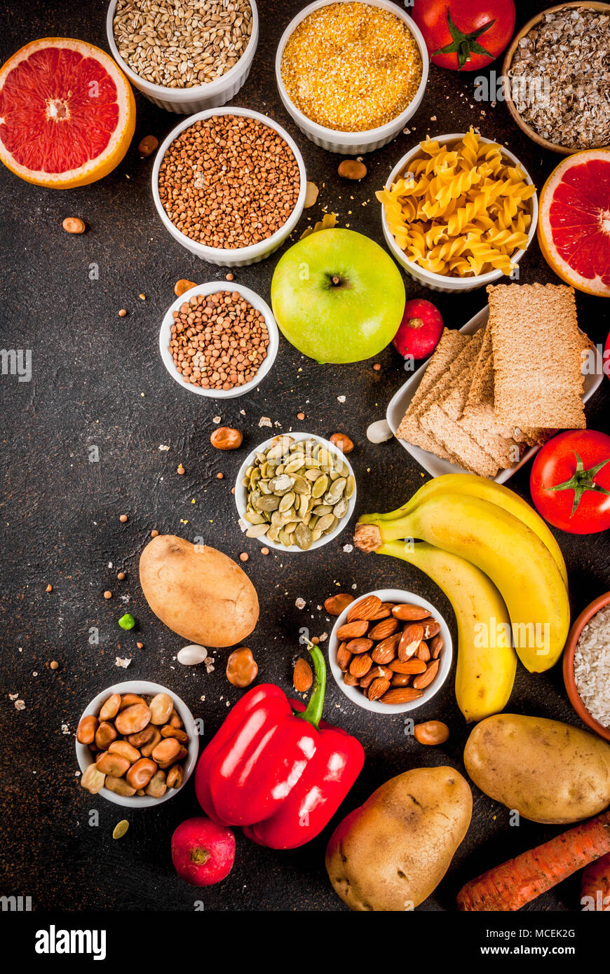 Diet food background concept, healthy carbohydrates (carbs) products ...