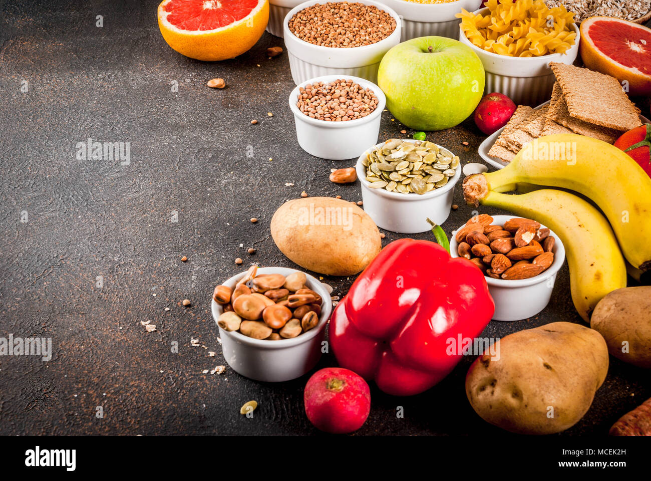 Diet food background concept, healthy carbohydrates (carbs) products ...
