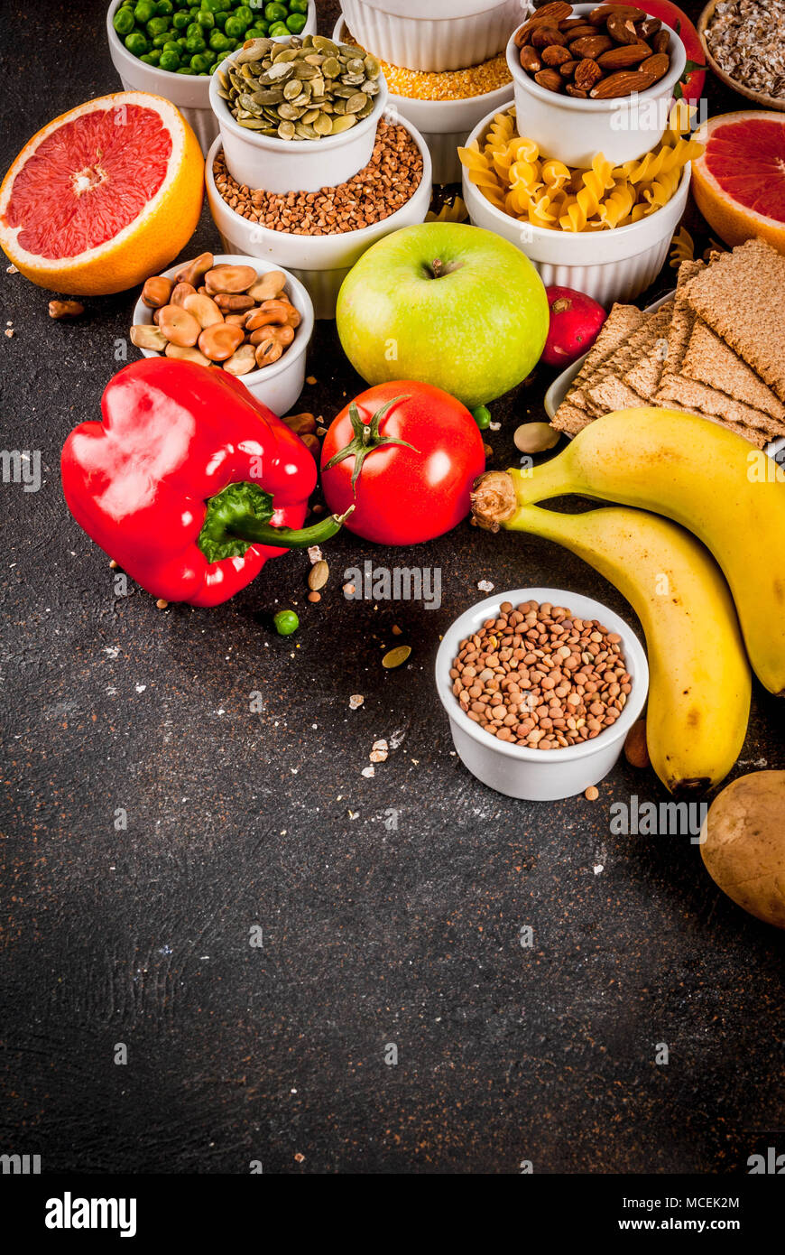 Diet food background concept, healthy carbohydrates (carbs) products ...