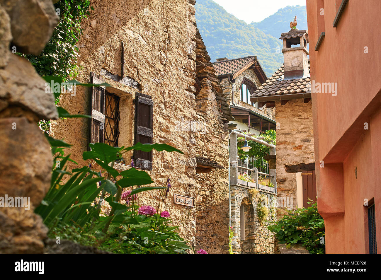 Rural Swiss mountain village street in Southern Switzerland, Canton of ...