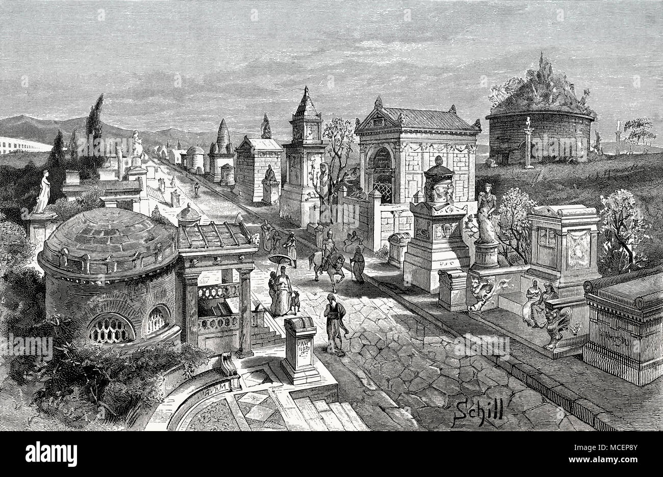 The Appian Way or Via Appia near ancient Rome, reconstruction Stock ...