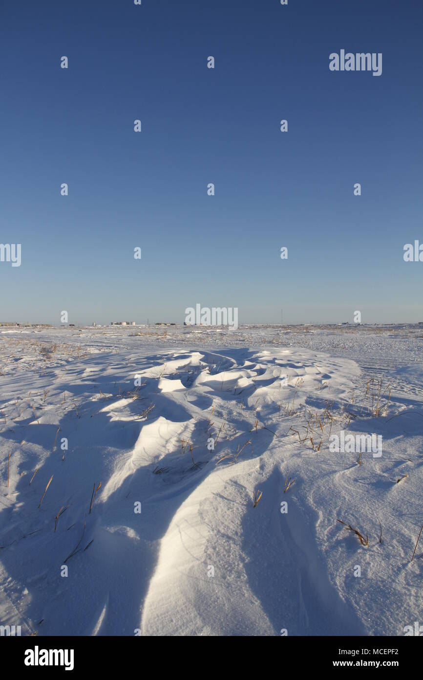 Winter landscape with Sastrugi, wind carved ridges in the snow, near ...