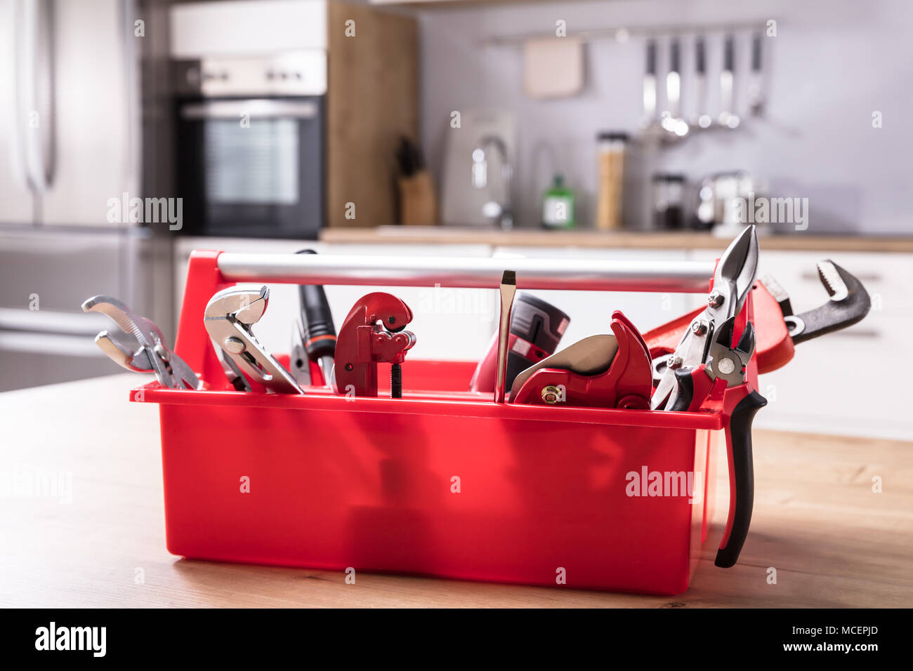 Toolbox With Different Worktools On Wooden Desk Stock Photo - Alamy